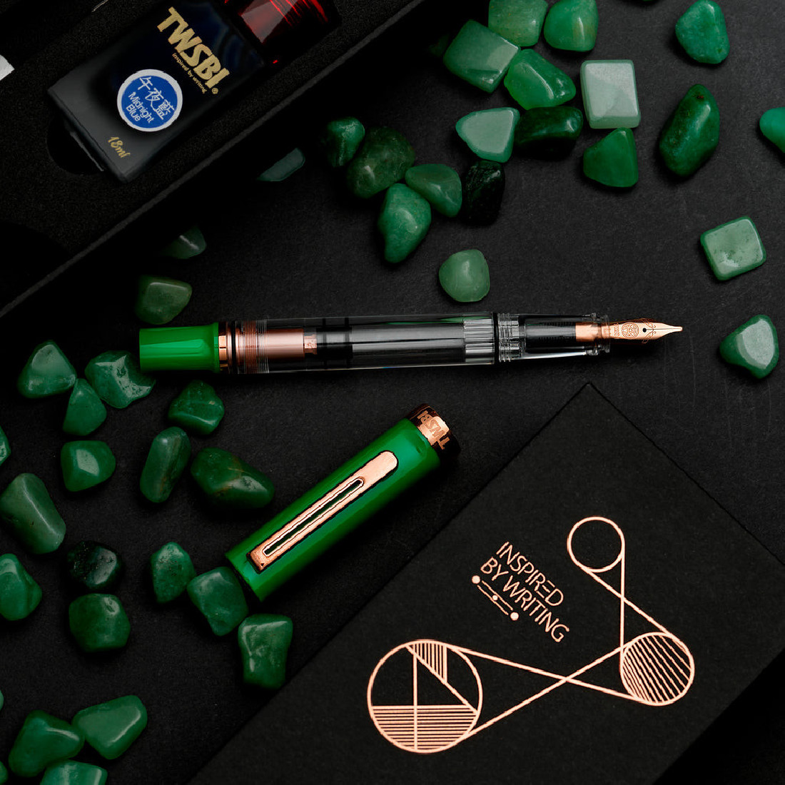 TWSBI ECO-T ROYAL JADE ROSEGOLD FOUNTAIN PEN + MIDNIGHT BLUE INK PACK